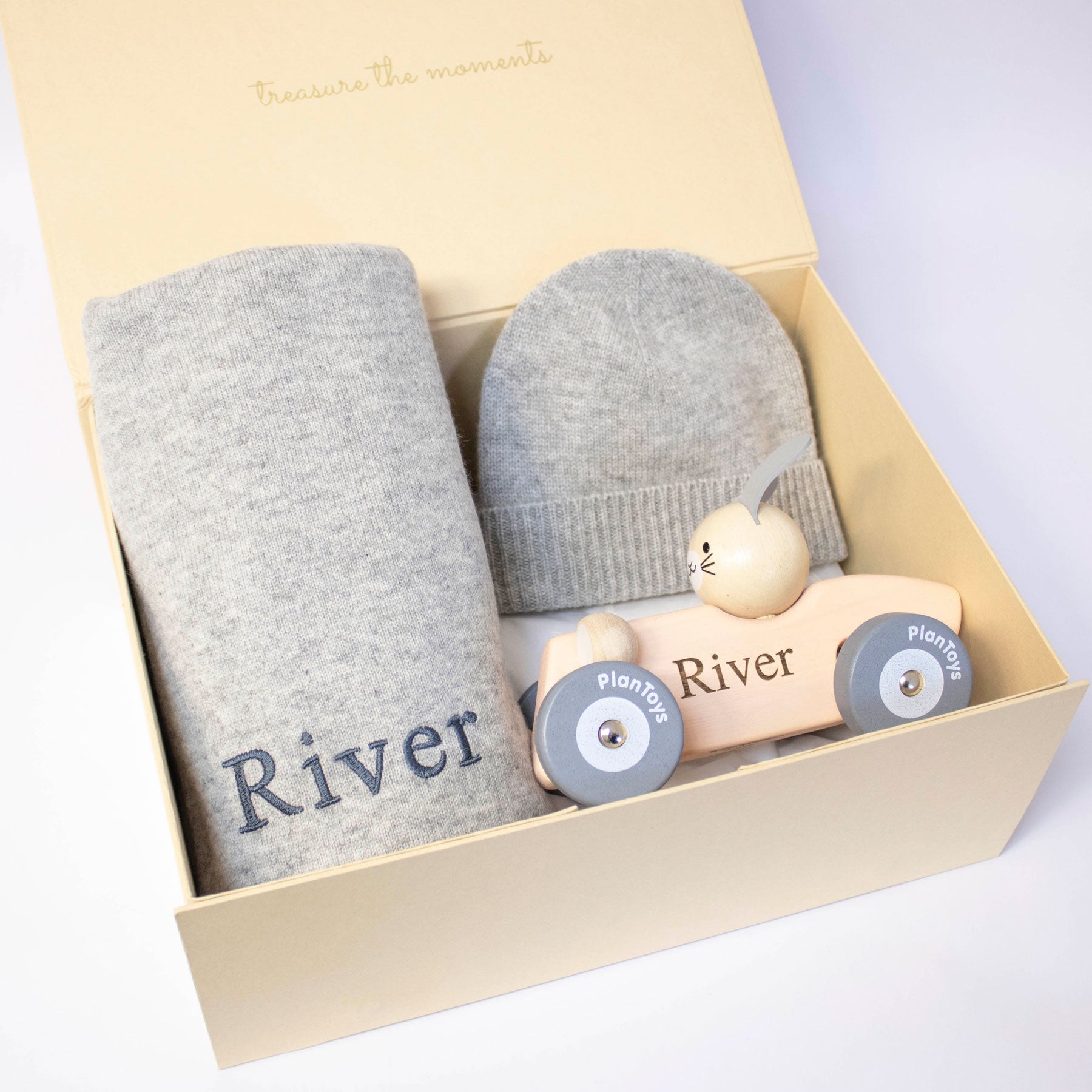 Classic cashmere and bunny racing car gift set – The Baby Gifting Company